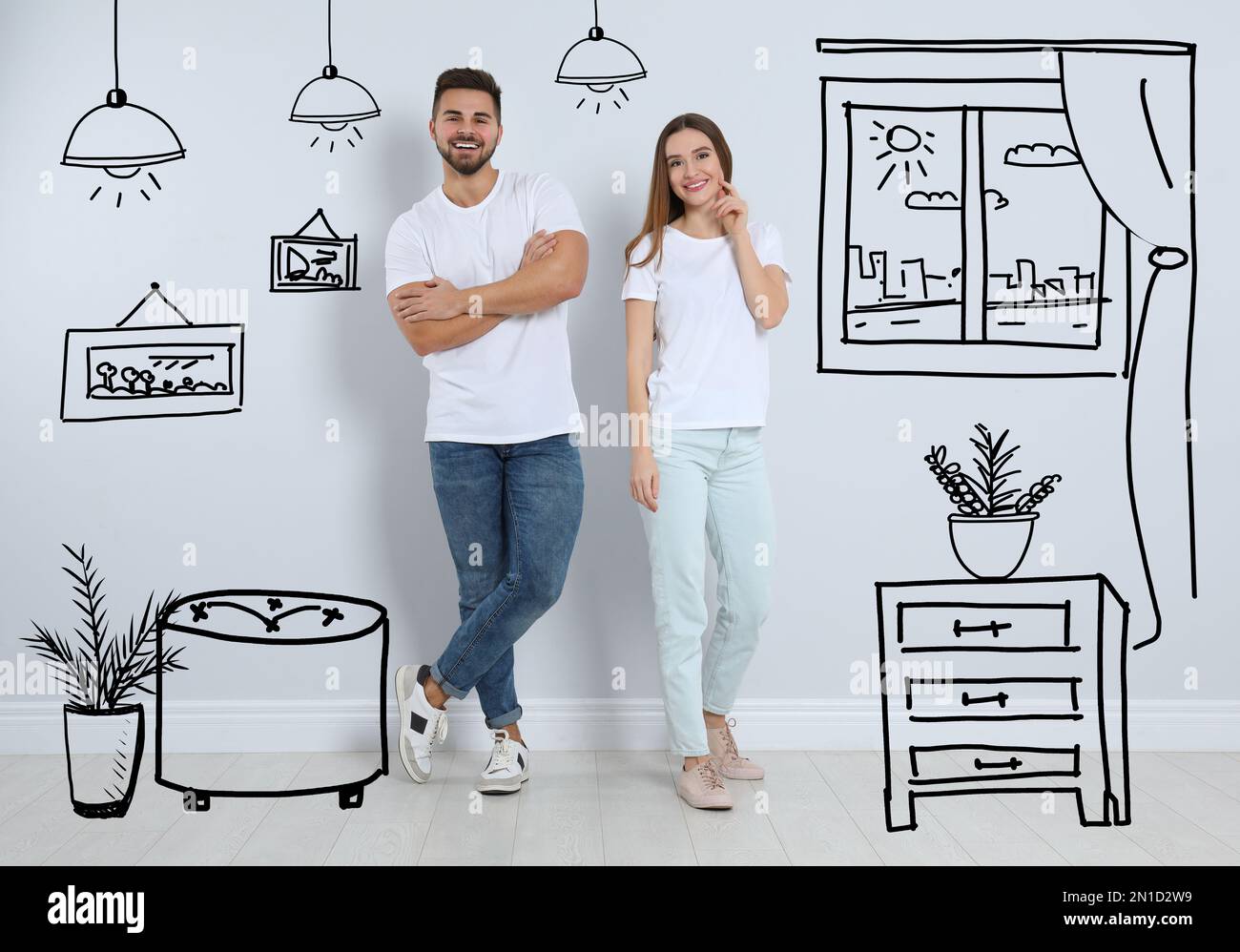 Happy couple dreaming about renovation near wall. Illustrated interior ...