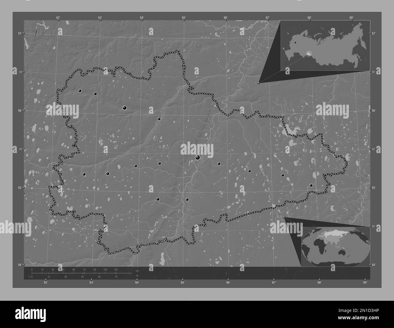Kurgan, region of Russia. Bilevel elevation map with lakes and rivers ...