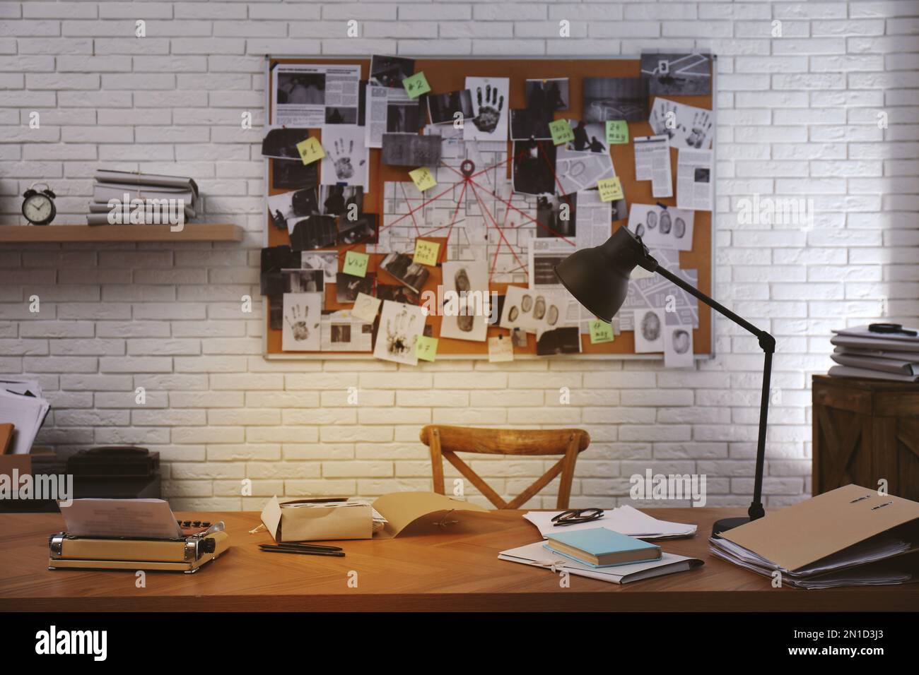 Detective office interior with workplace and investigation board Stock ...