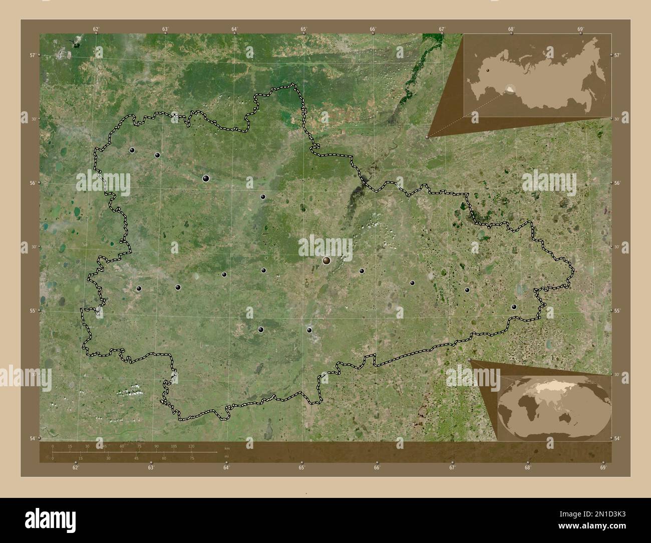 Kurgan, region of Russia. Low resolution satellite map. Locations of ...