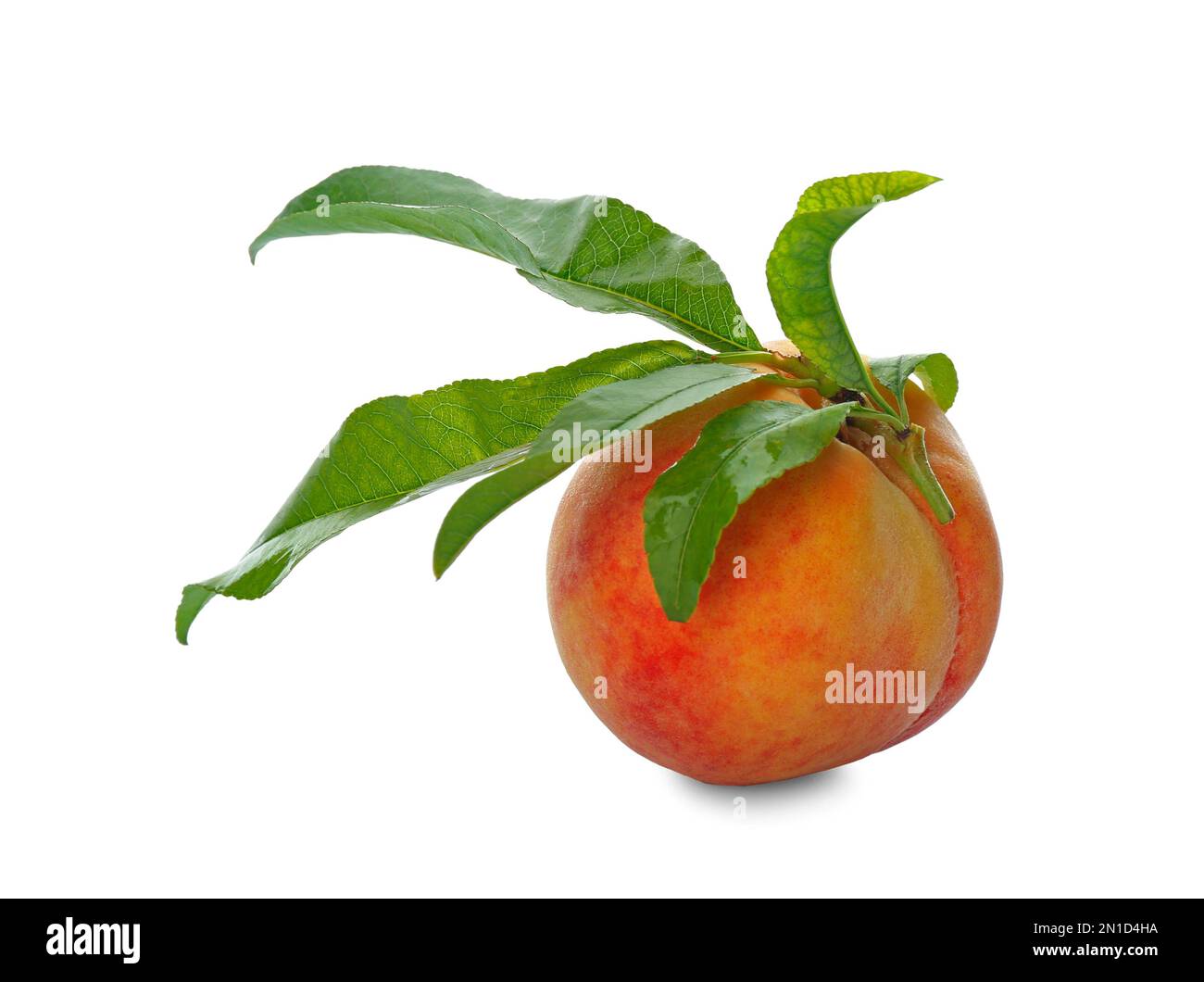 Delicious ripe juicy peach with leaves isolated on white Stock Photo ...