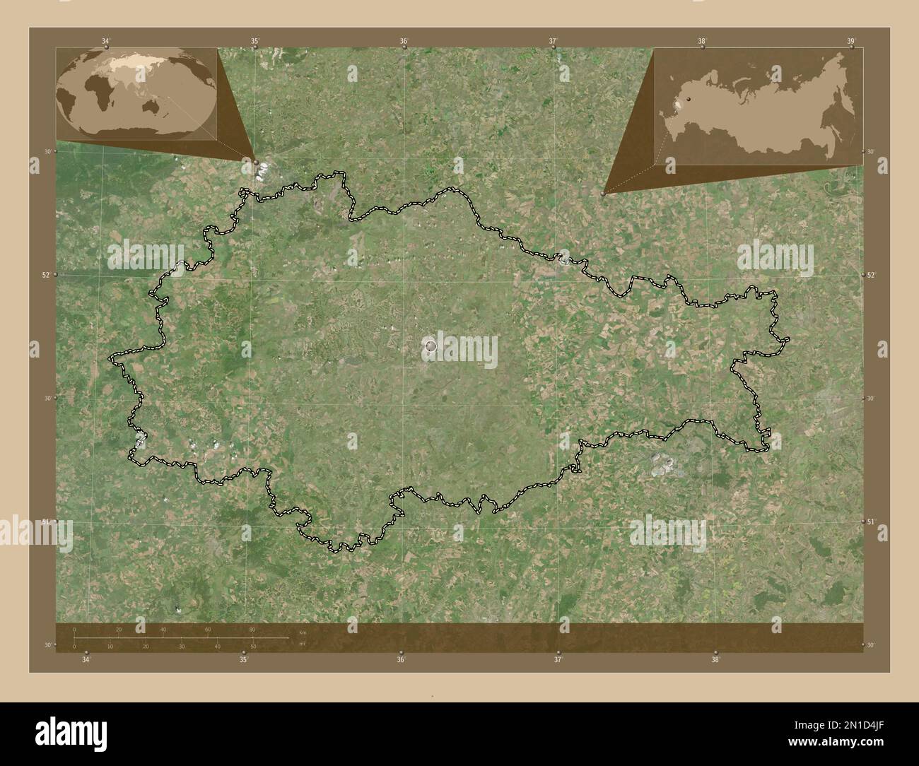 Kursk, region of Russia. Low resolution satellite map. Corner auxiliary ...