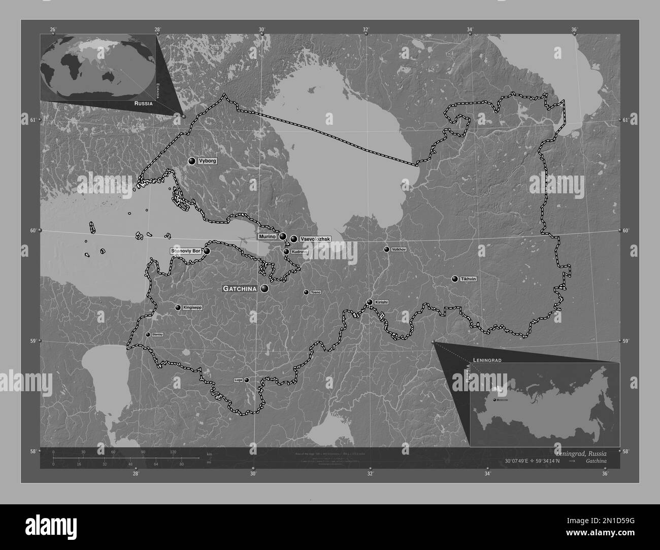 Leningrad, region of Russia. Bilevel elevation map with lakes and ...
