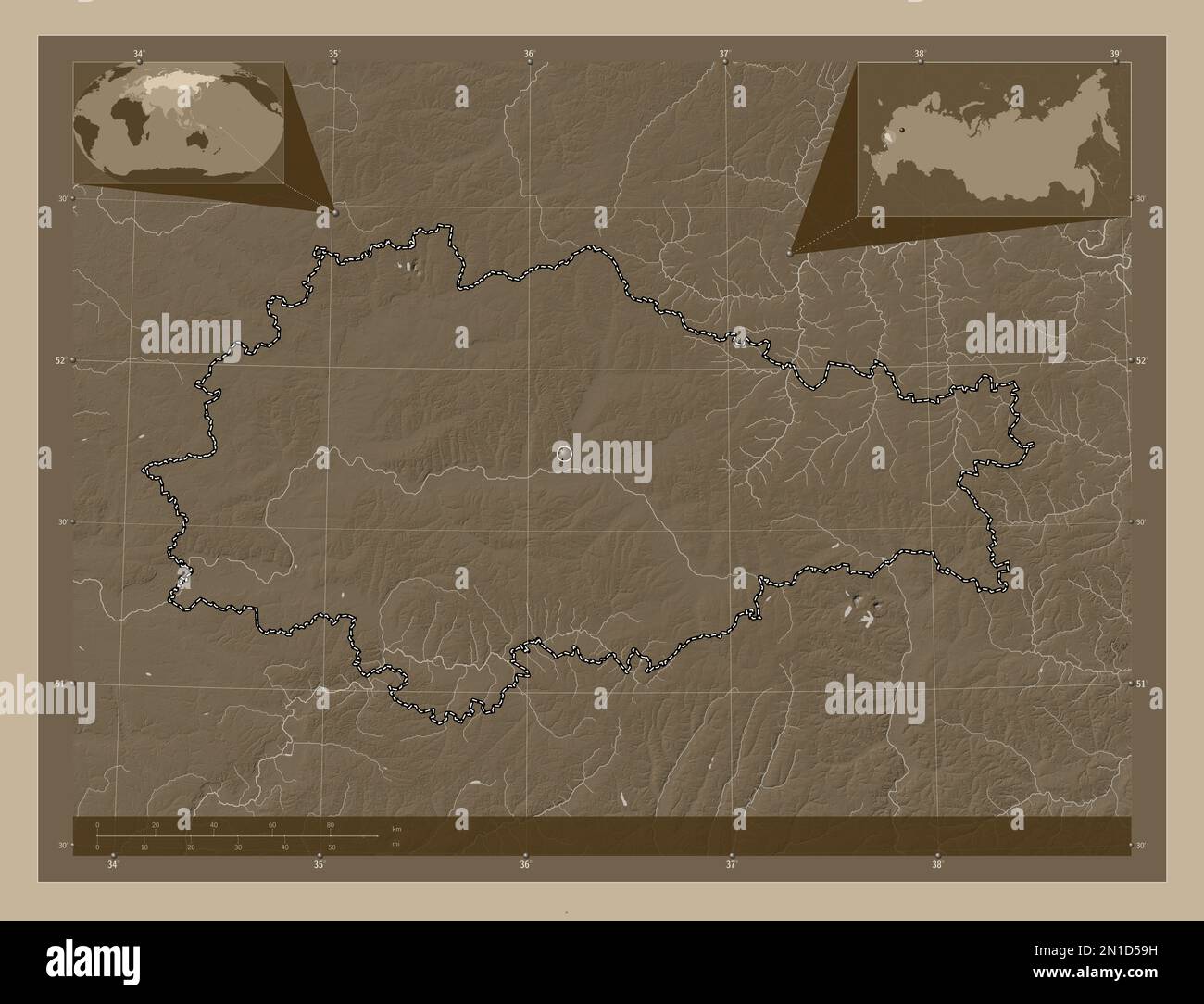 Kursk, region of Russia. Elevation map colored in sepia tones with ...
