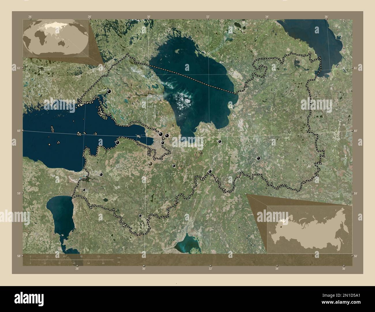 Leningrad, region of Russia. High resolution satellite map. Locations ...