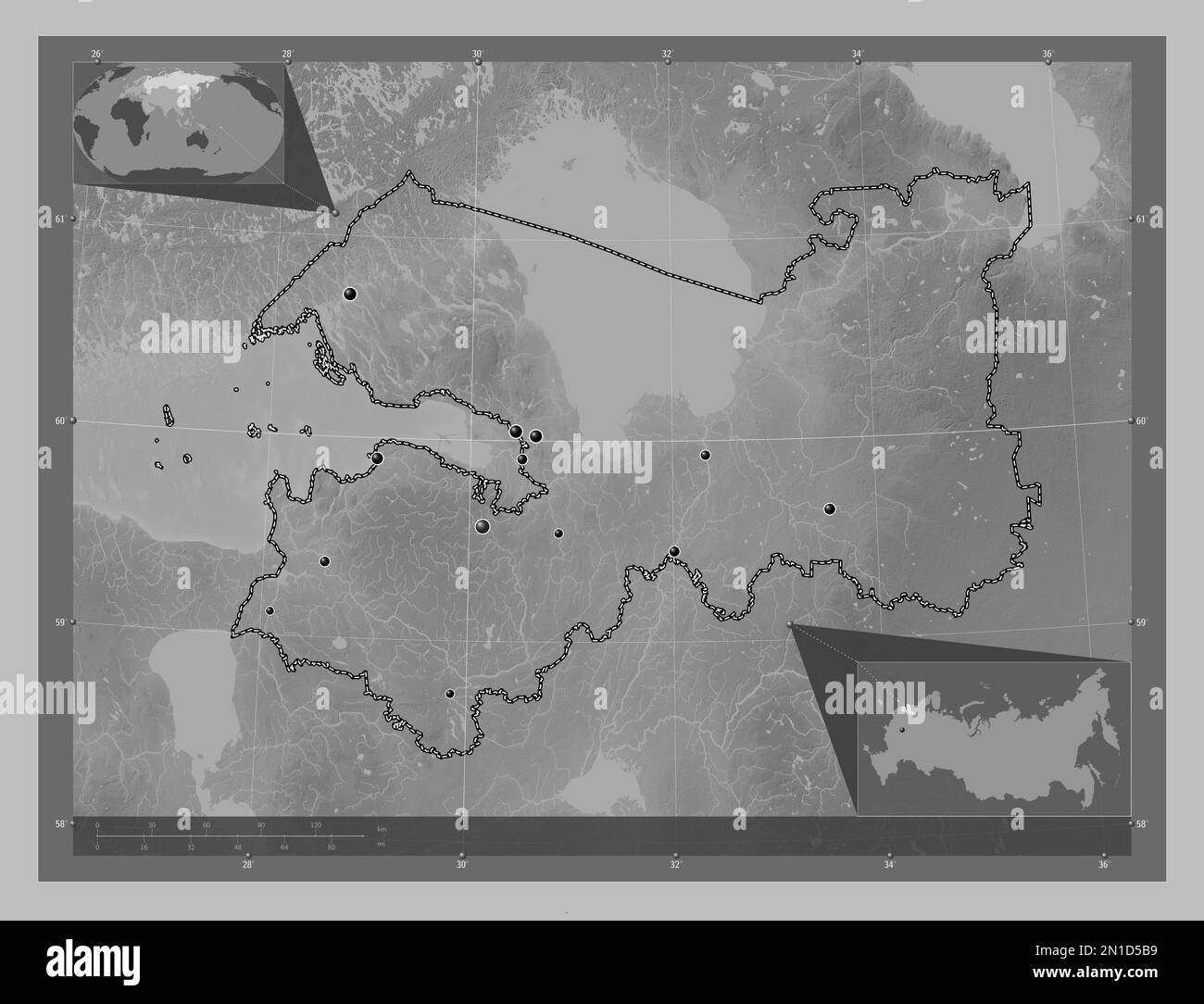 Leningrad, region of Russia. Grayscale elevation map with lakes and ...