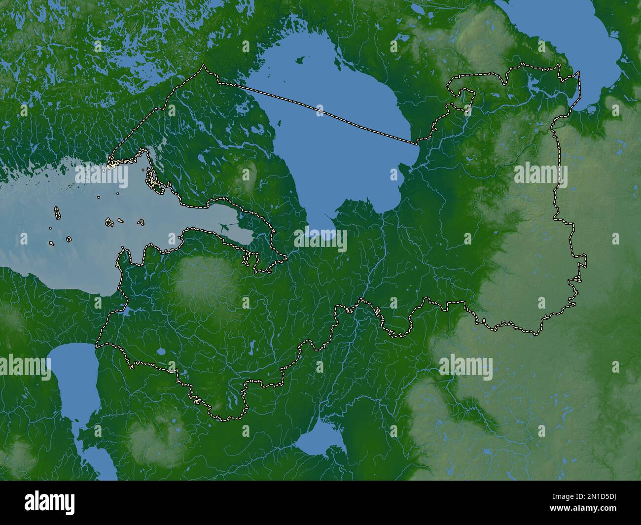 Leningrad, region of Russia. Colored elevation map with lakes and ...