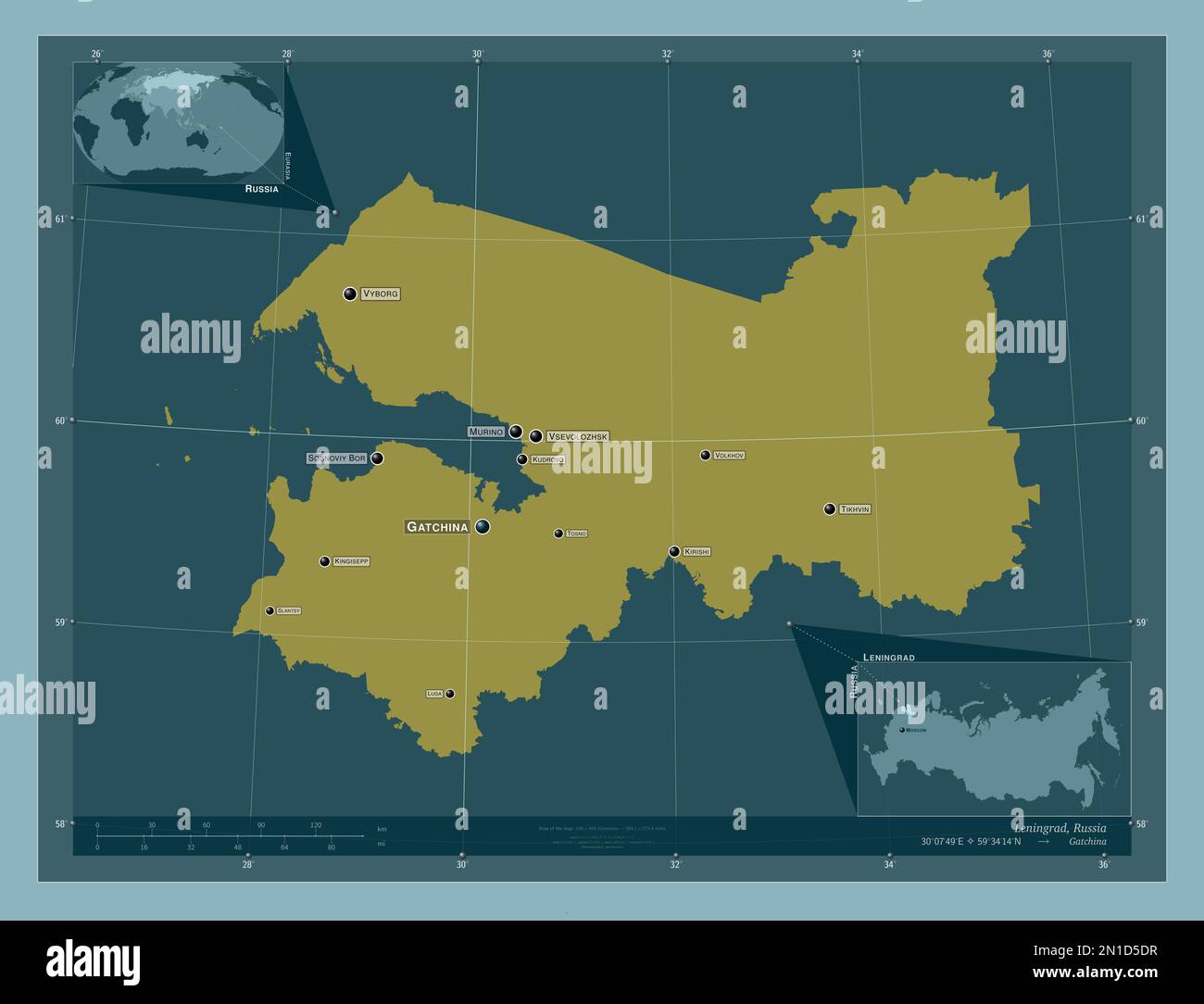 Leningrad, region of Russia. Solid color shape. Locations and names of ...