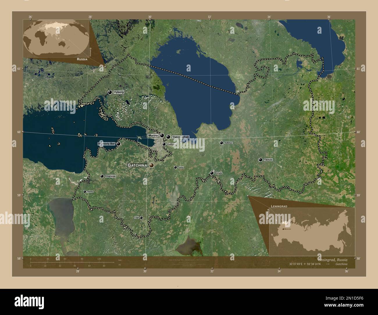 Leningrad, region of Russia. Low resolution satellite map. Locations ...