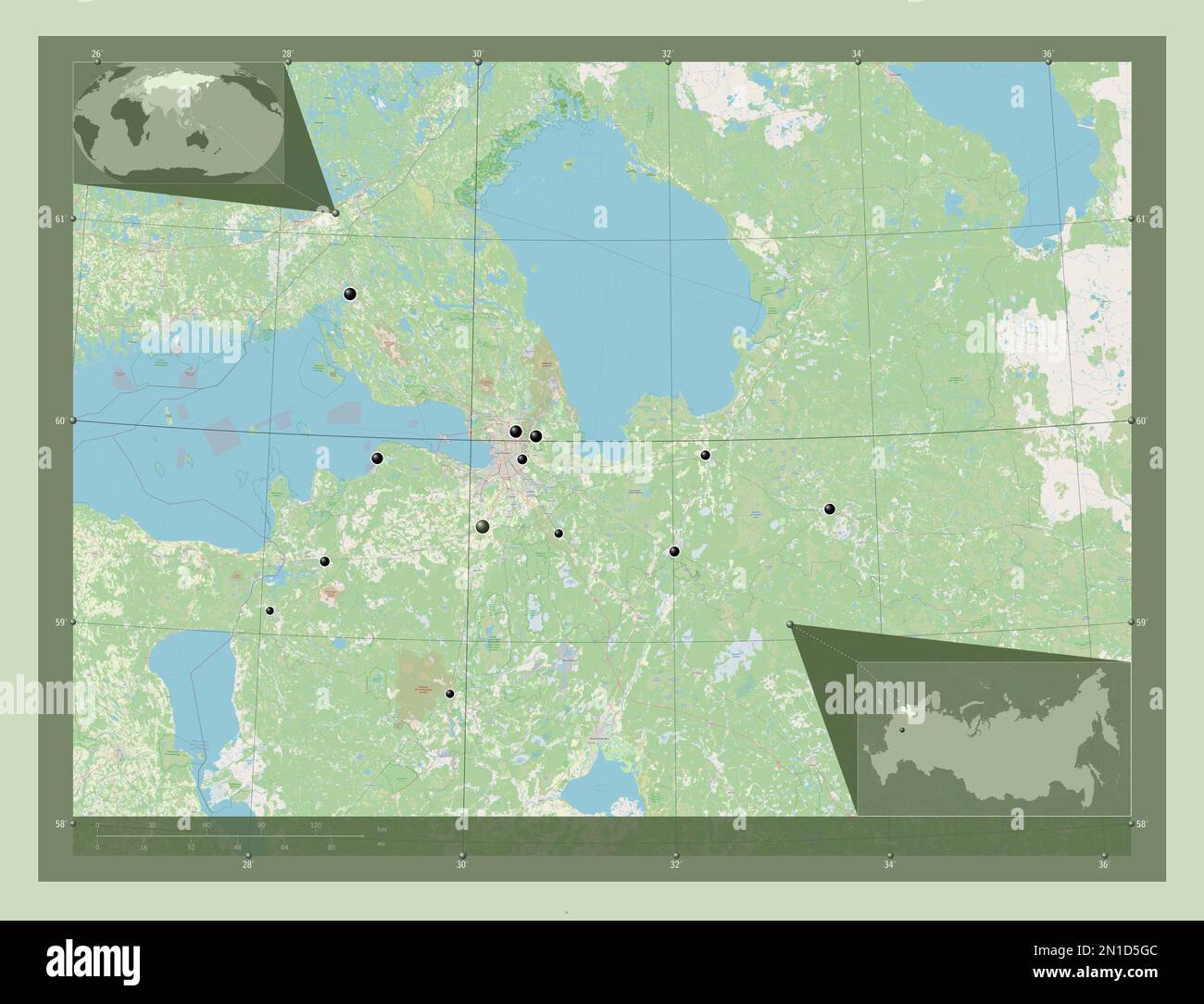 Leningrad, region of Russia. Open Street Map. Locations of major cities ...