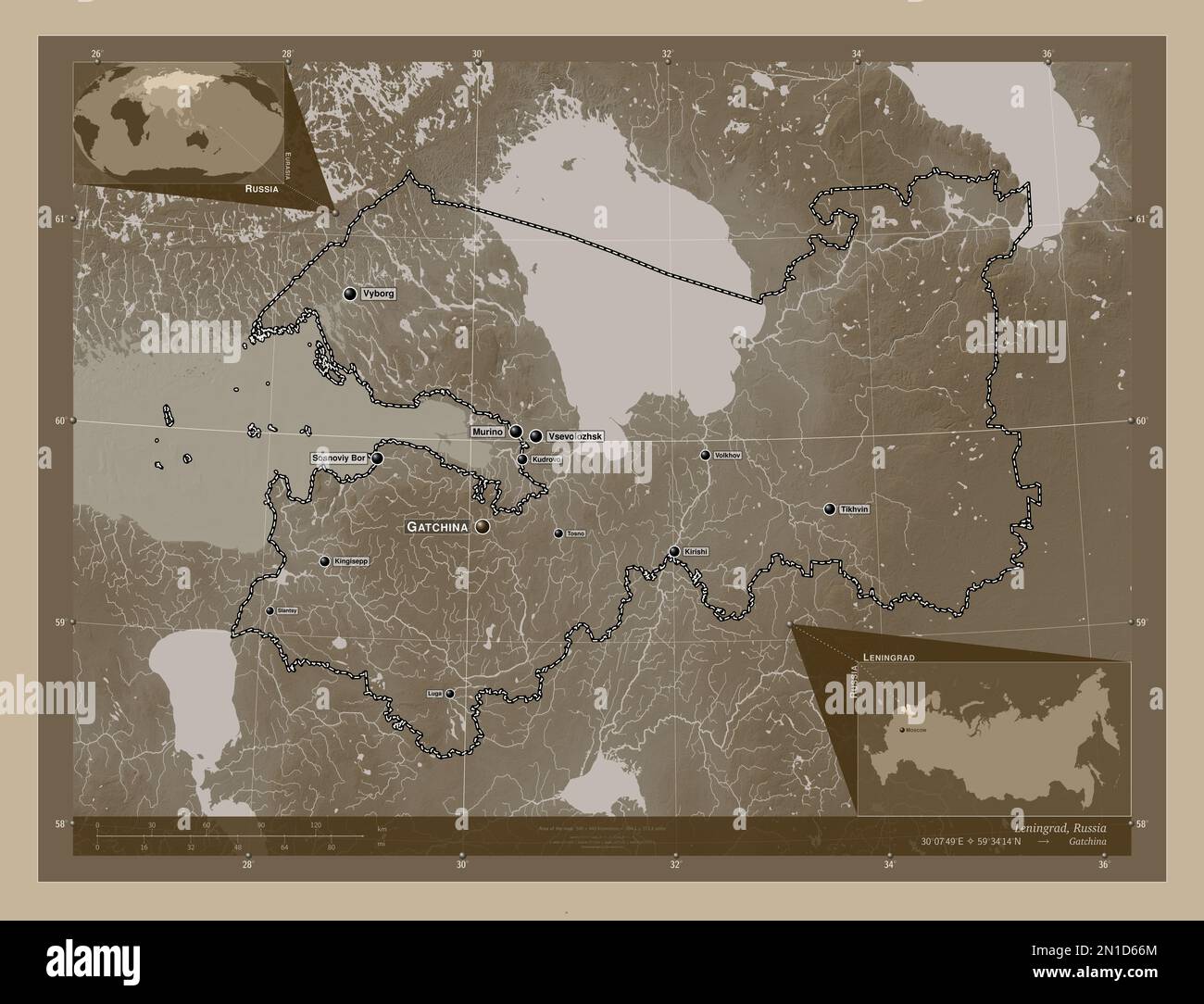 Leningrad, region of Russia. Elevation map colored in sepia tones with ...