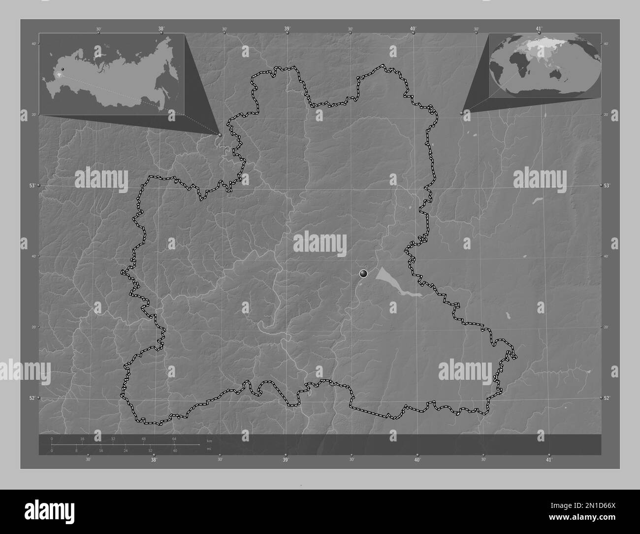 Lipetsk, region of Russia. Grayscale elevation map with lakes and ...
