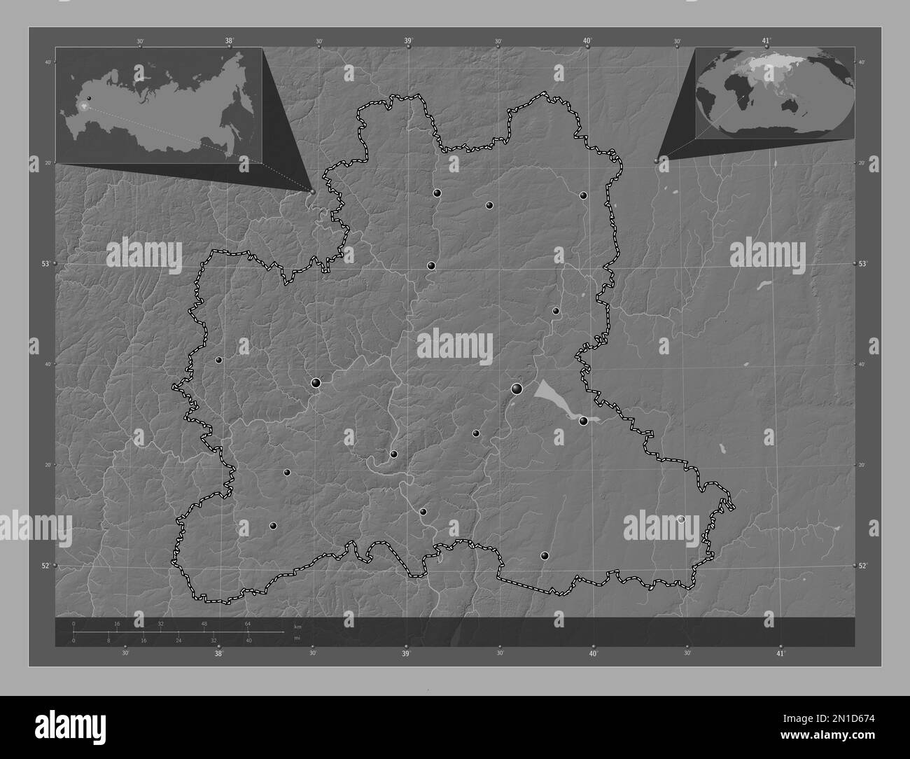 Lipetsk, region of Russia. Bilevel elevation map with lakes and rivers ...
