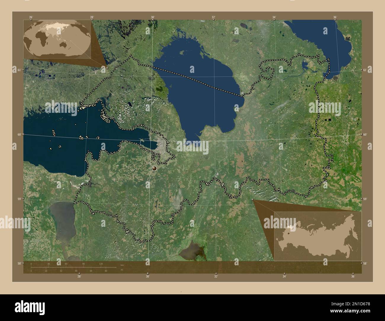 Leningrad, region of Russia. Low resolution satellite map. Corner ...