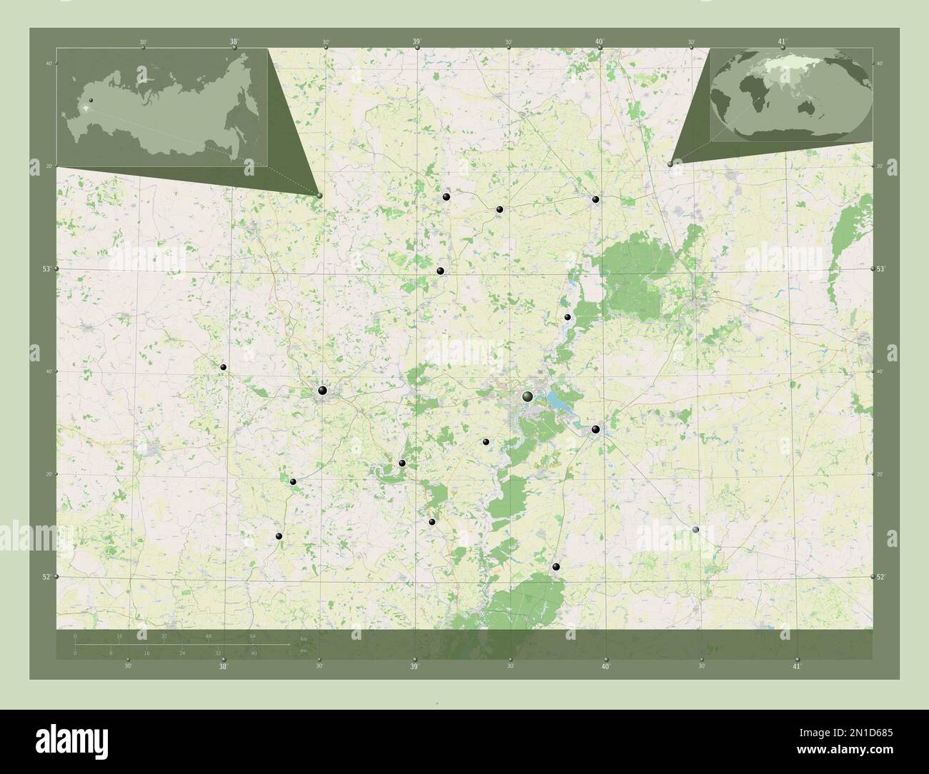 Lipetsk, region of Russia. Open Street Map. Locations of major cities ...