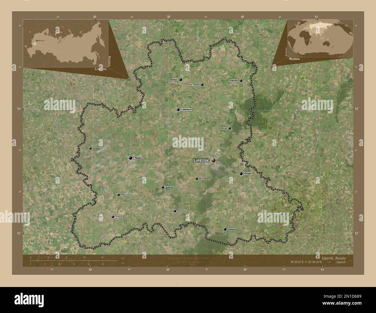 Lipetsk, region of Russia. Low resolution satellite map. Locations and ...