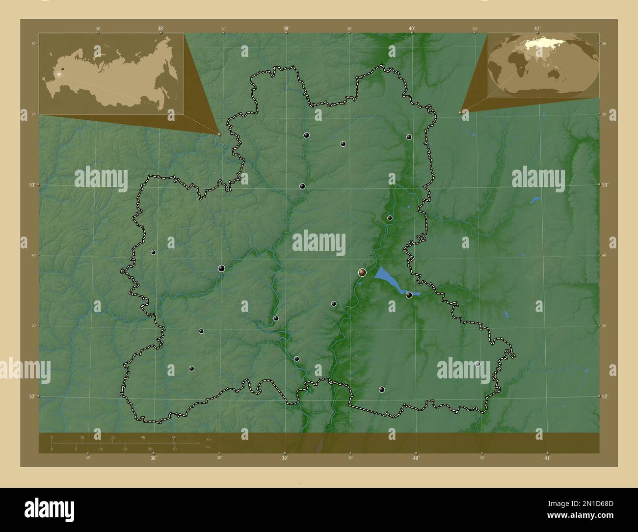 Lipetsk, region of Russia. Colored elevation map with lakes and rivers ...
