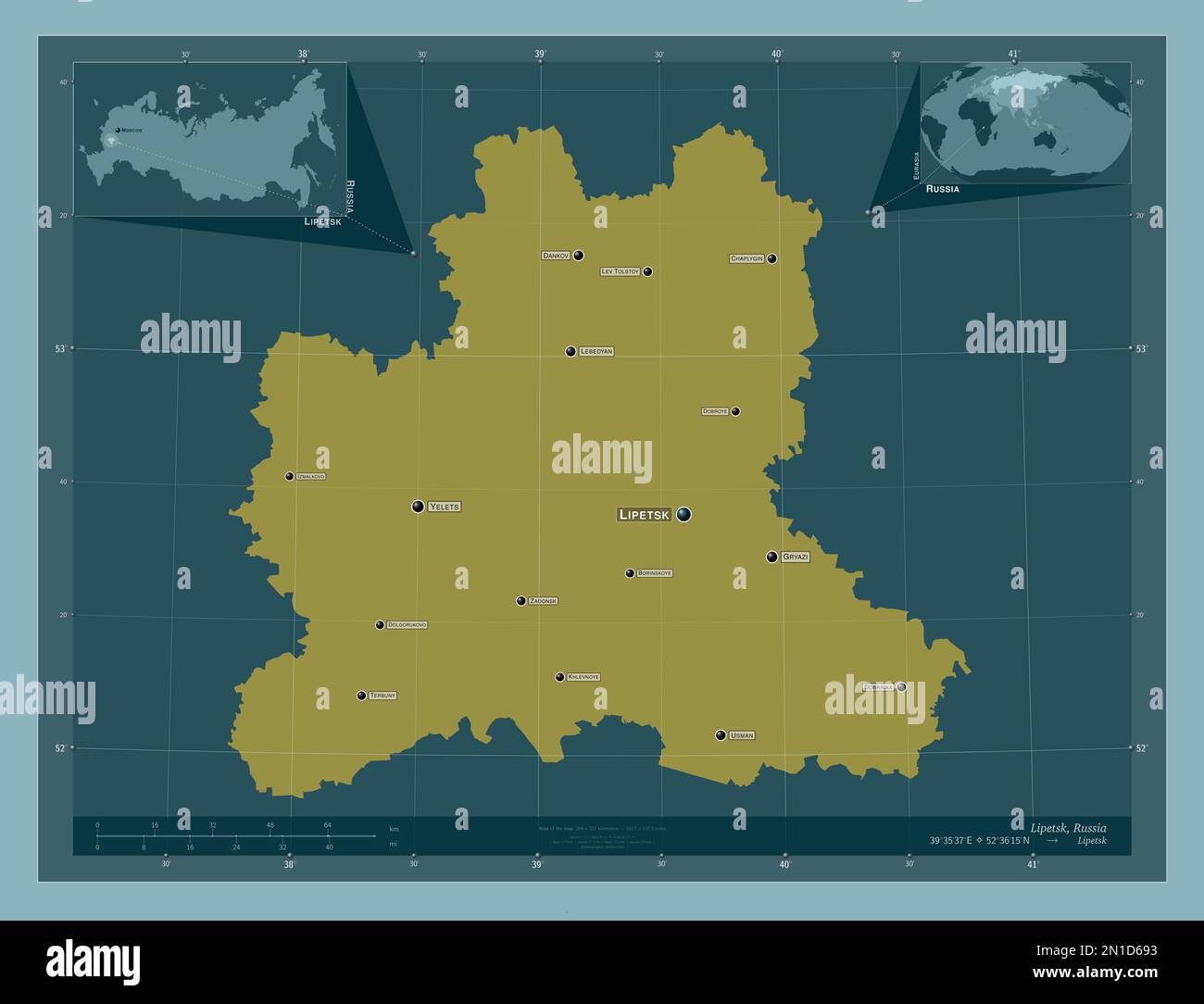 Lipetsk, region of Russia. Solid color shape. Locations and names of ...