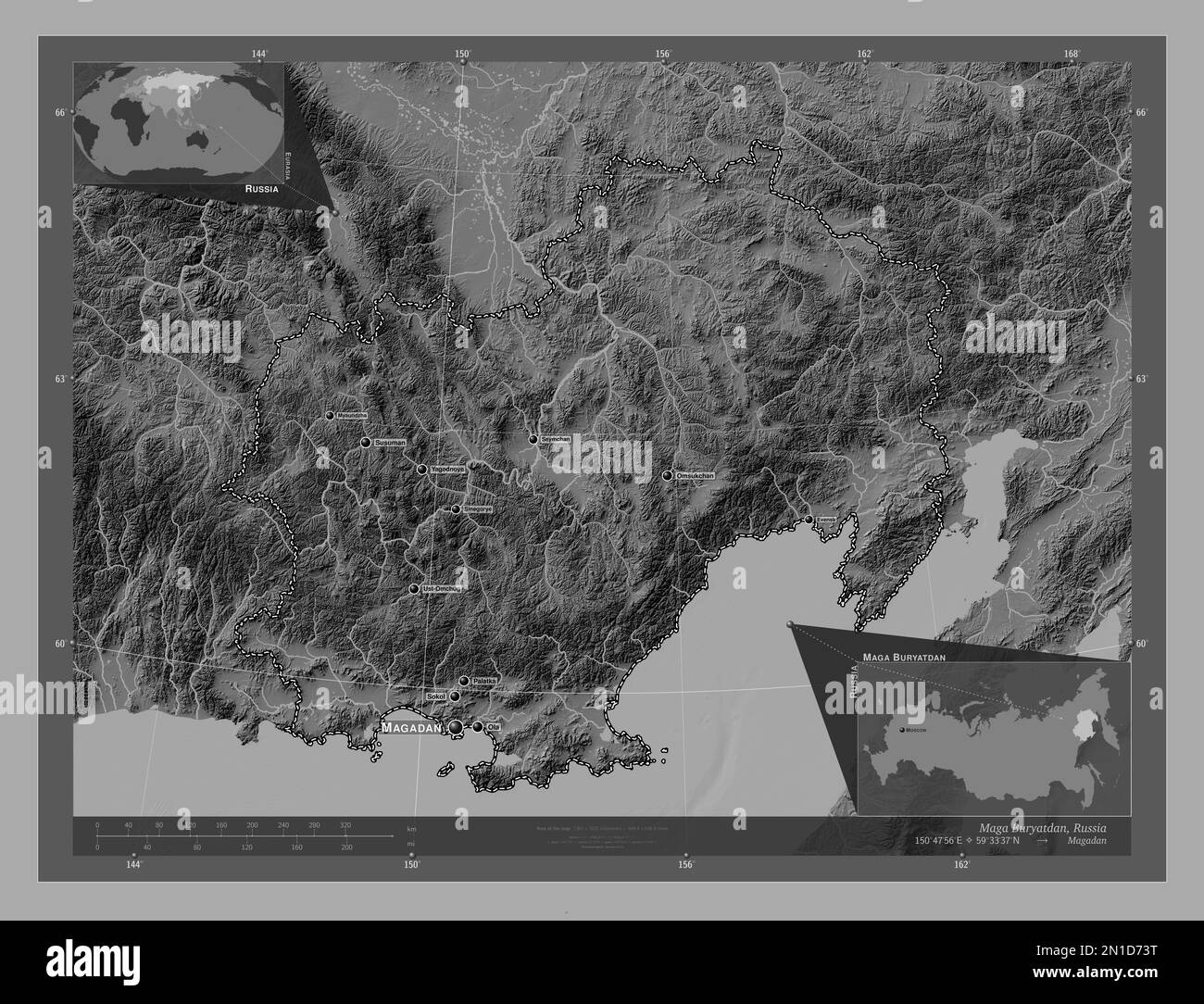 Maga Buryatdan, region of Russia. Bilevel elevation map with lakes and ...