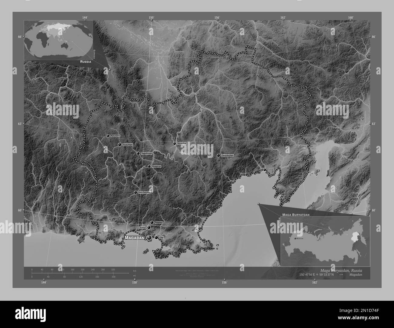 Maga Buryatdan, region of Russia. Grayscale elevation map with lakes ...