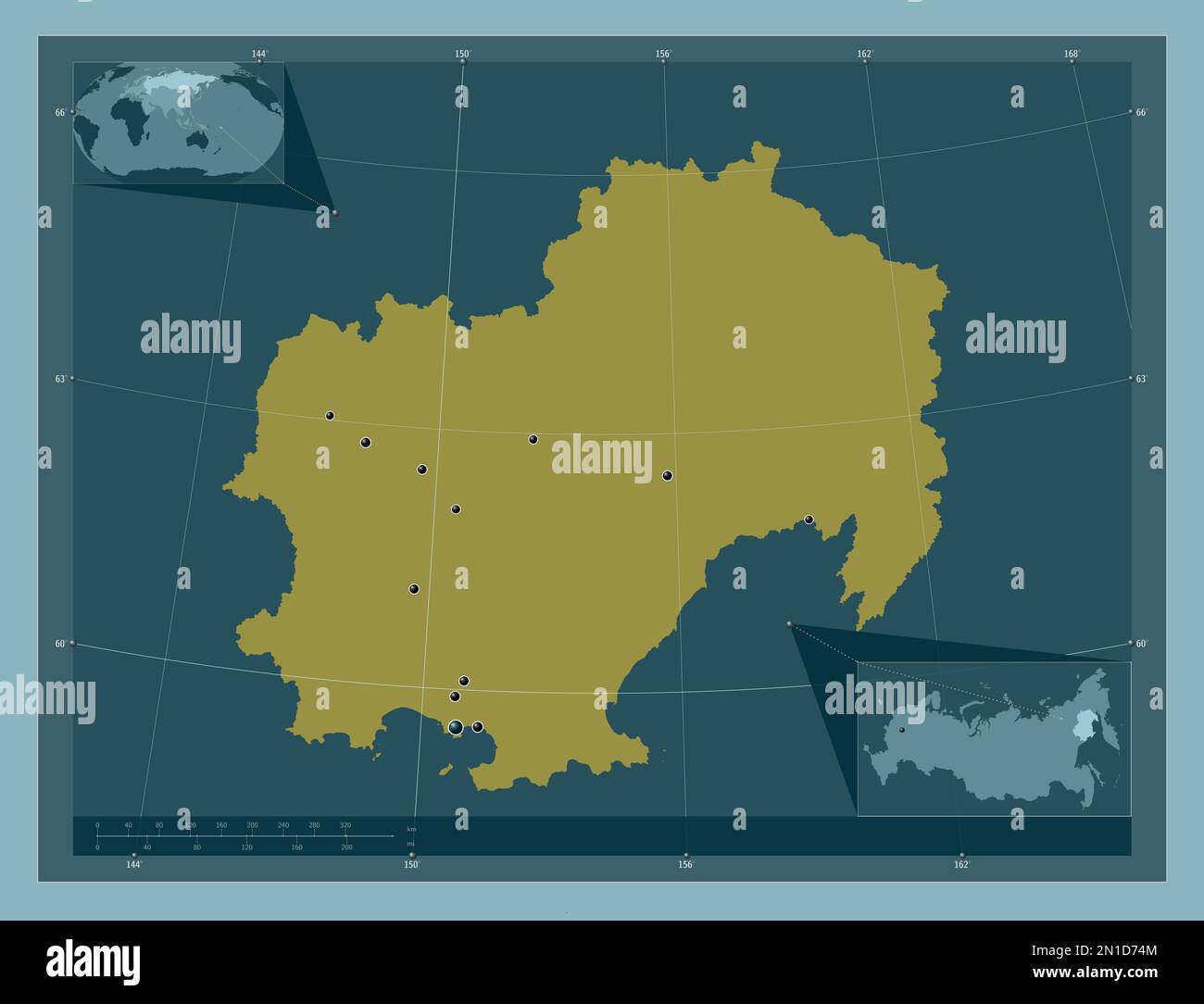Maga Buryatdan, region of Russia. Solid color shape. Locations of major ...