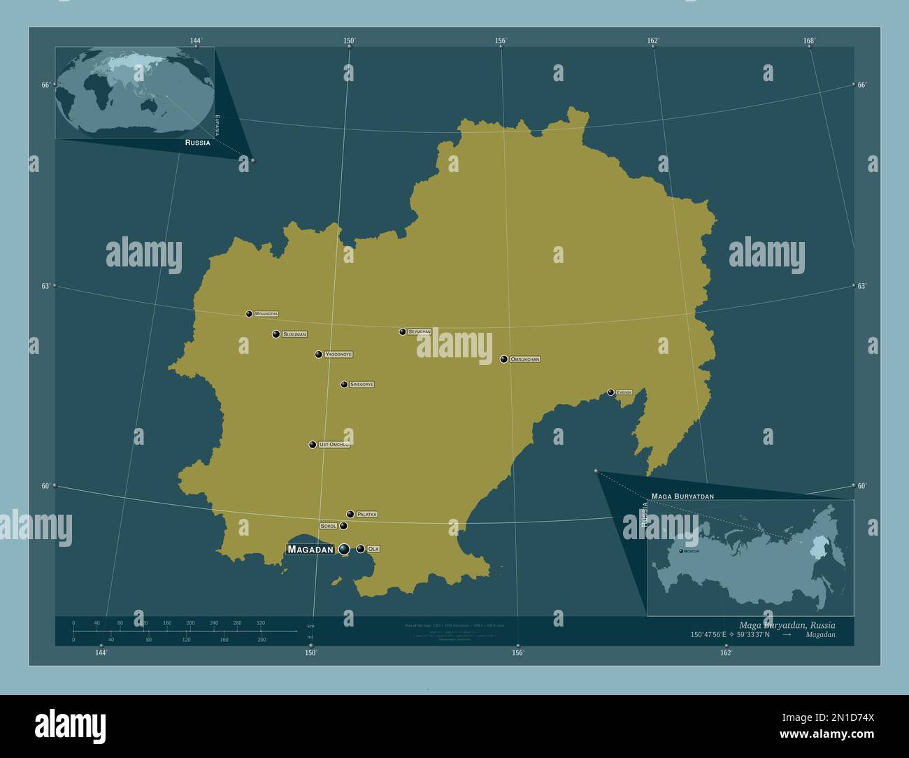 Maga Buryatdan, region of Russia. Solid color shape. Locations and ...