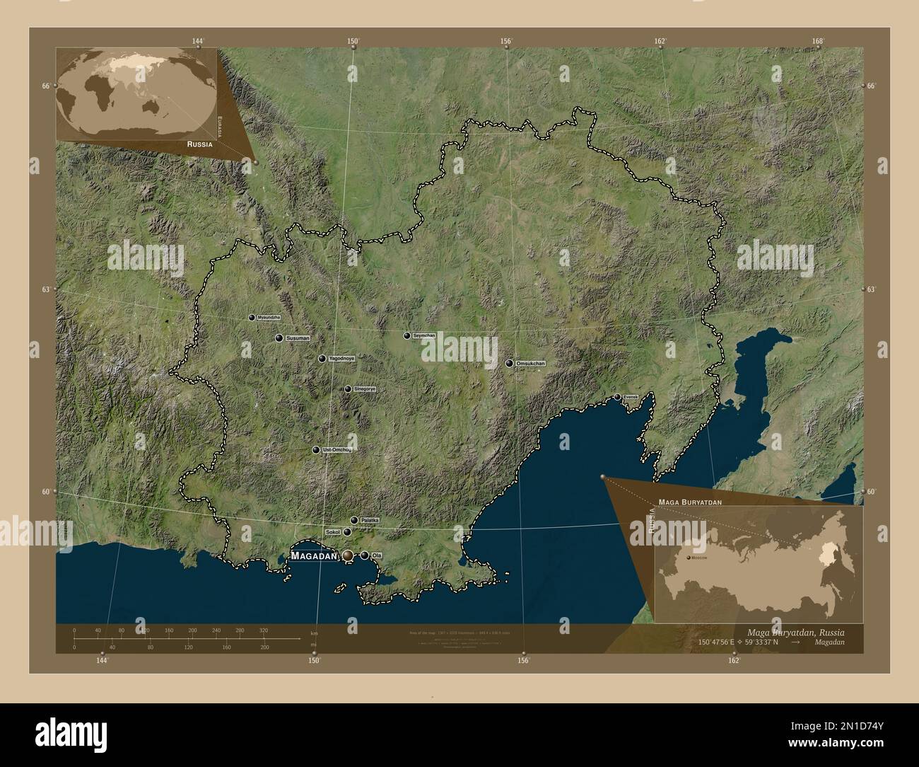 Maga Buryatdan, region of Russia. Low resolution satellite map ...