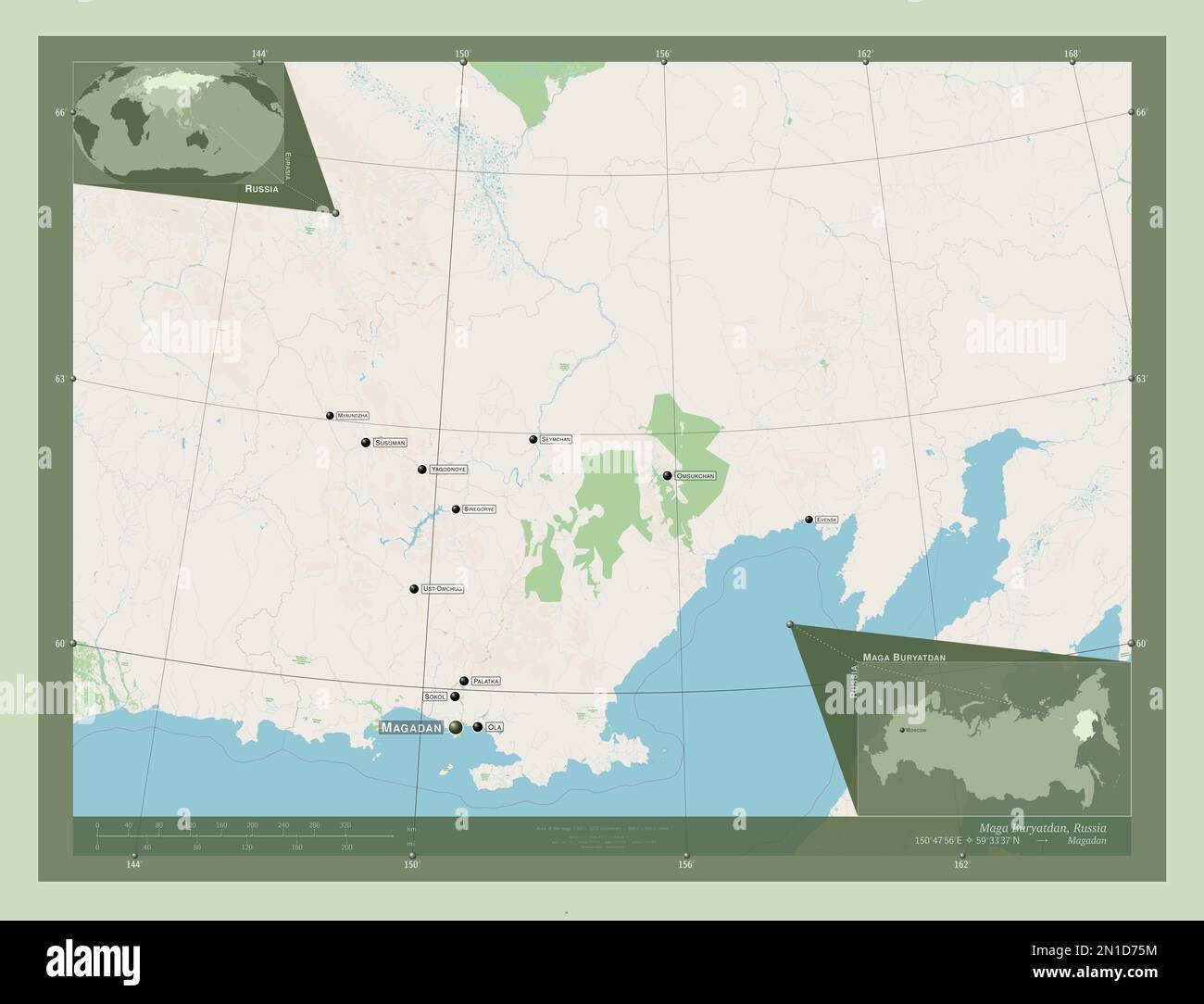 Maga Buryatdan, region of Russia. Open Street Map. Locations and names ...