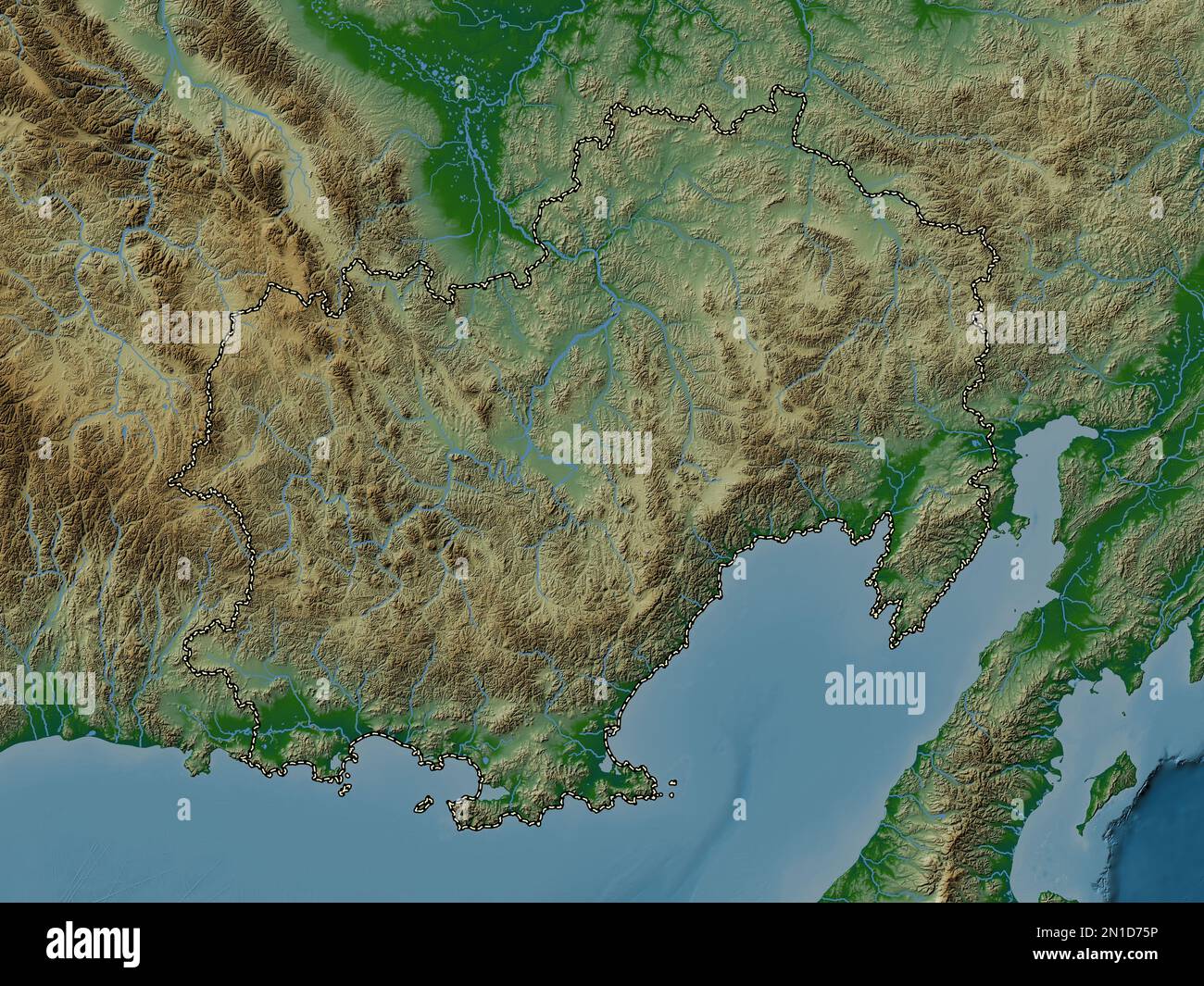 Maga Buryatdan, region of Russia. Colored elevation map with lakes and ...