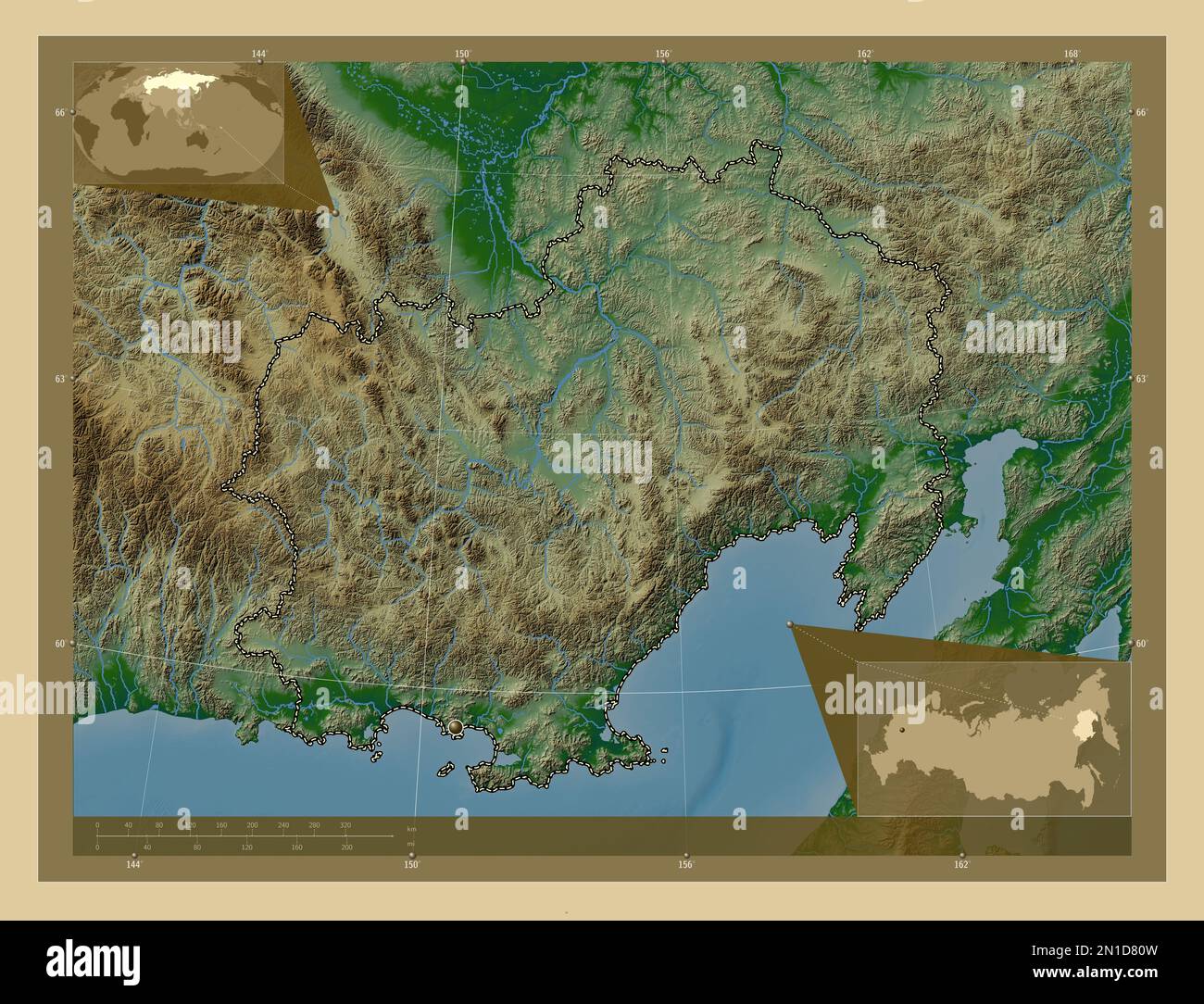 Maga Buryatdan, region of Russia. Colored elevation map with lakes and ...