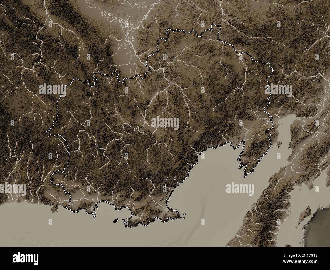 Maga Buryatdan, region of Russia. Elevation map colored in sepia tones ...