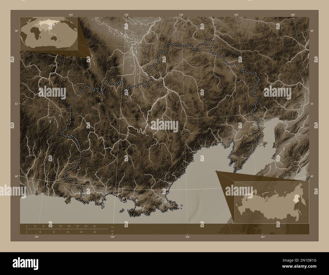 Maga Buryatdan, region of Russia. Elevation map colored in sepia tones ...