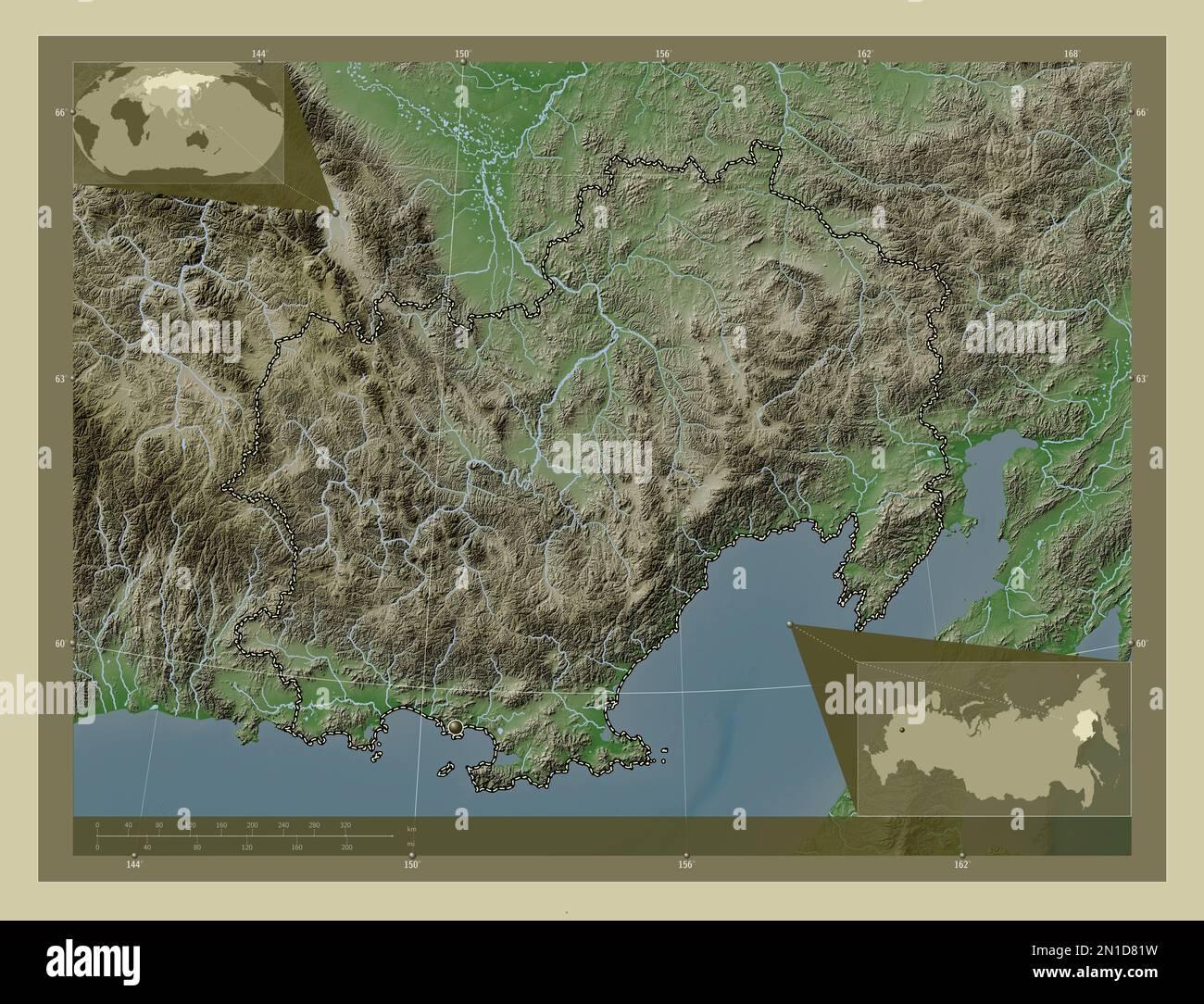 Maga Buryatdan, region of Russia. Elevation map colored in wiki style ...