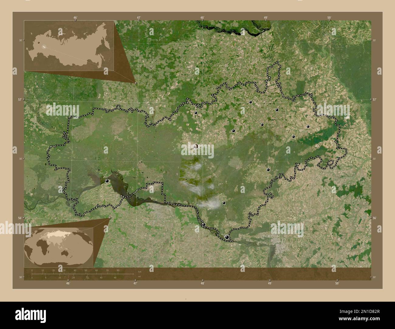 Mariy-El, republic of Russia. Low resolution satellite map. Locations ...