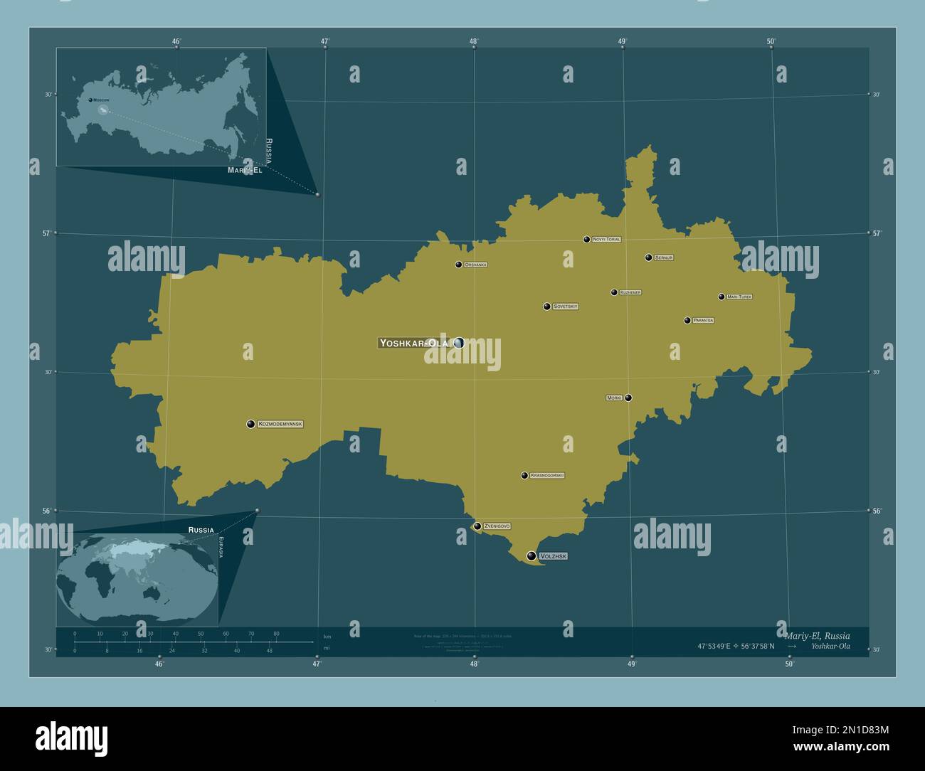 Mariy-El, republic of Russia. Solid color shape. Locations and names of ...