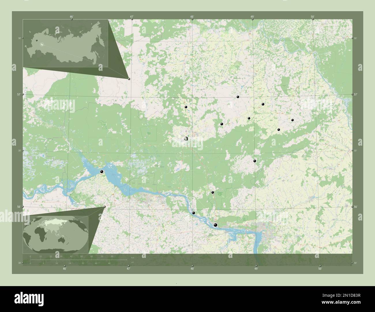 Mariy-El, republic of Russia. Open Street Map. Locations of major ...