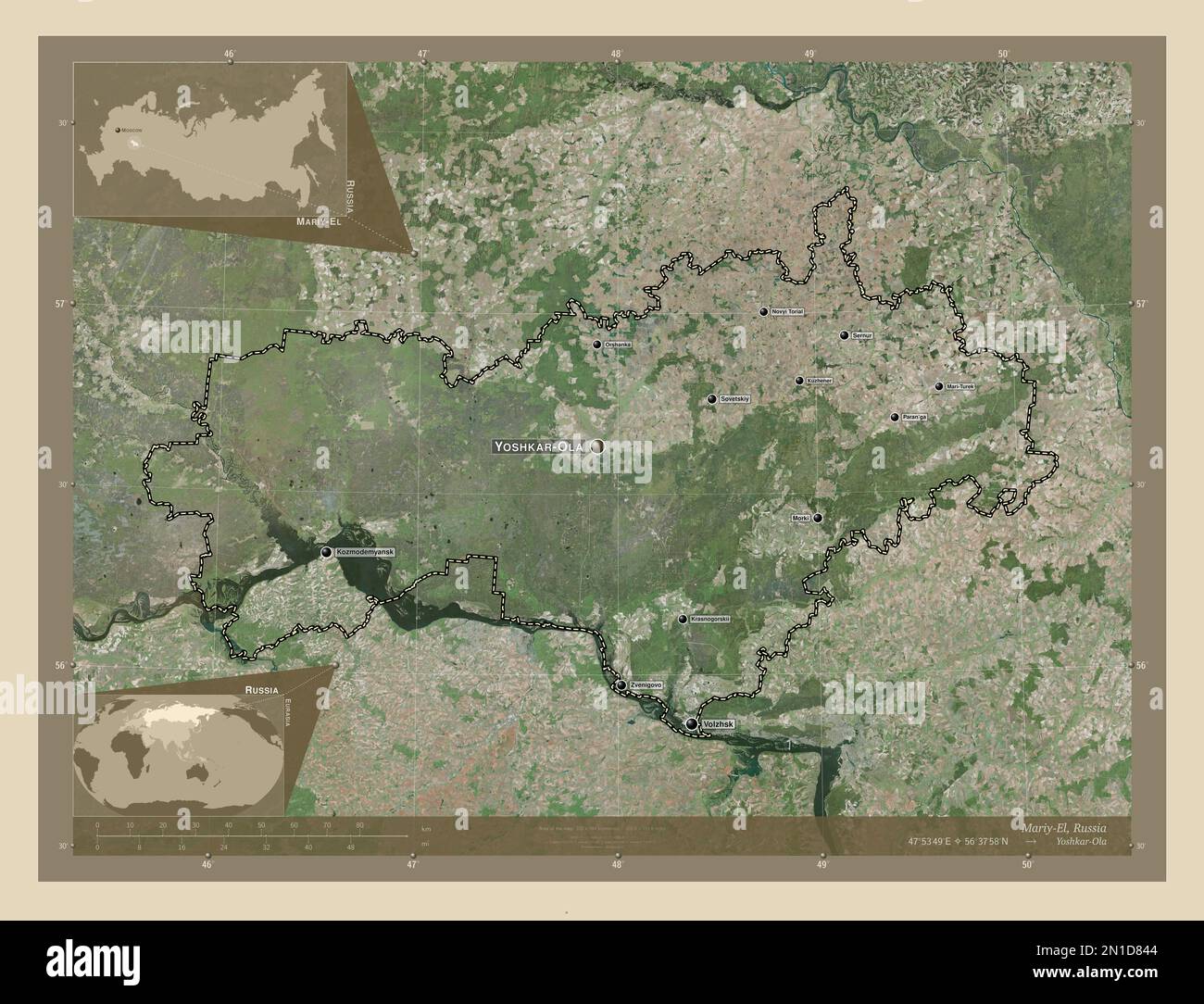 Mariy-El, republic of Russia. High resolution satellite map. Locations ...