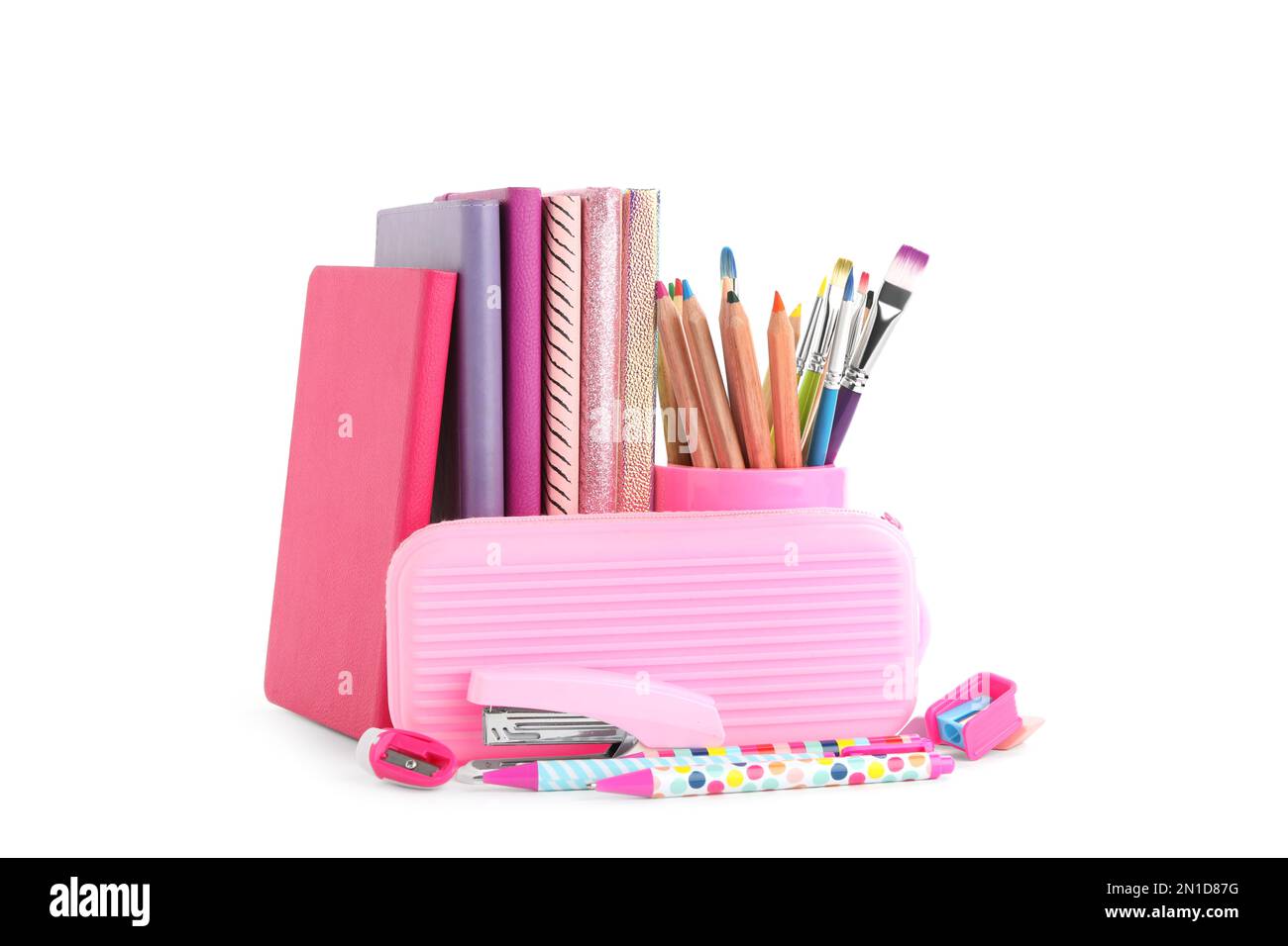 Set of colorful school stationery on white background Stock Photo - Alamy