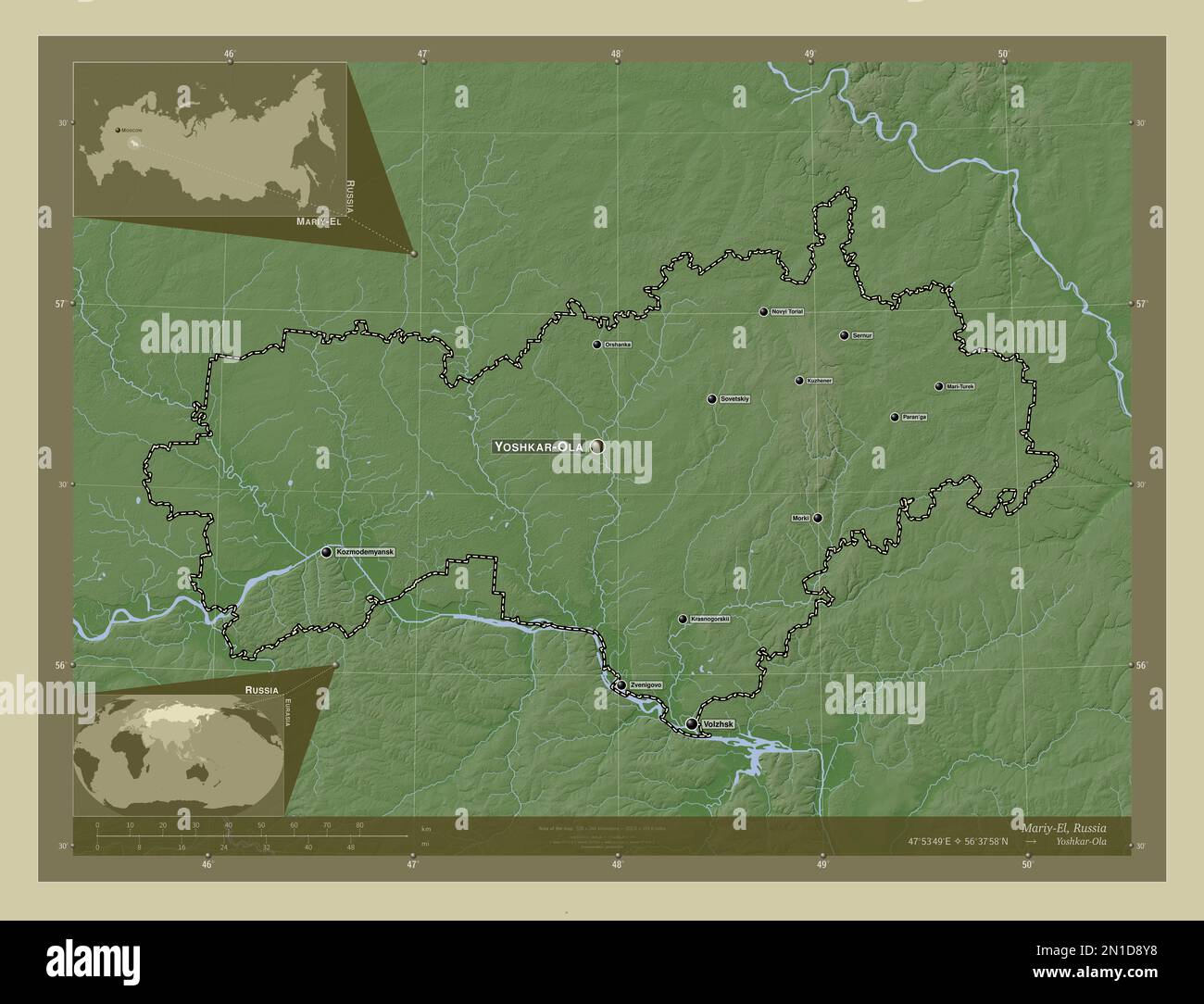 Mariy-El, republic of Russia. Elevation map colored in wiki style with ...