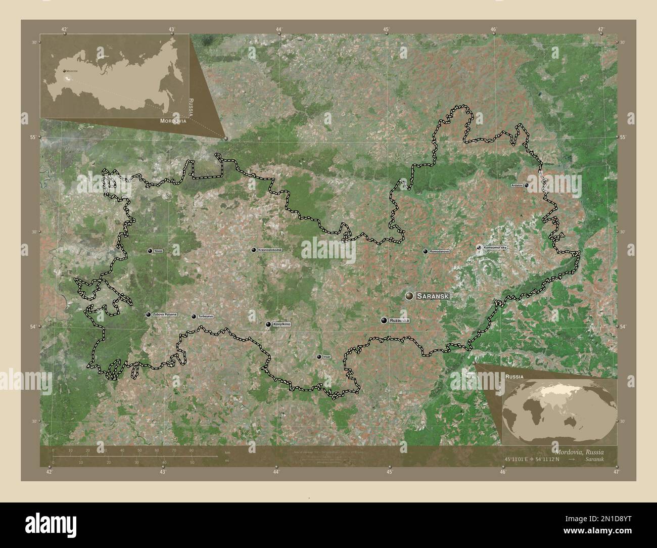 Mordovia, republic of Russia. High resolution satellite map. Locations ...
