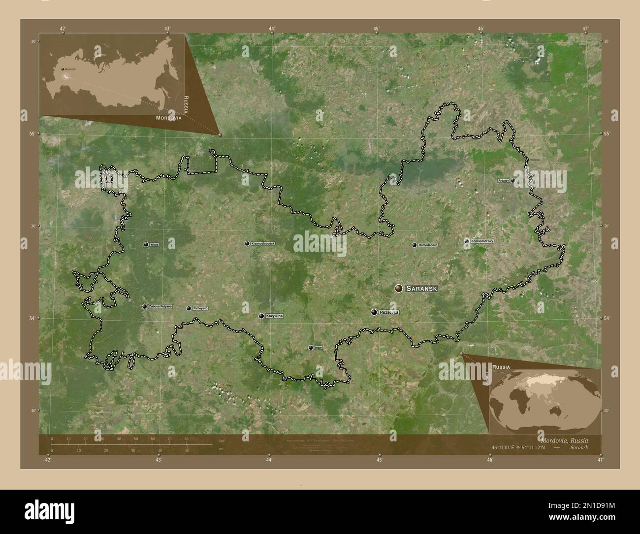 Mordovia, republic of Russia. Low resolution satellite map. Locations ...