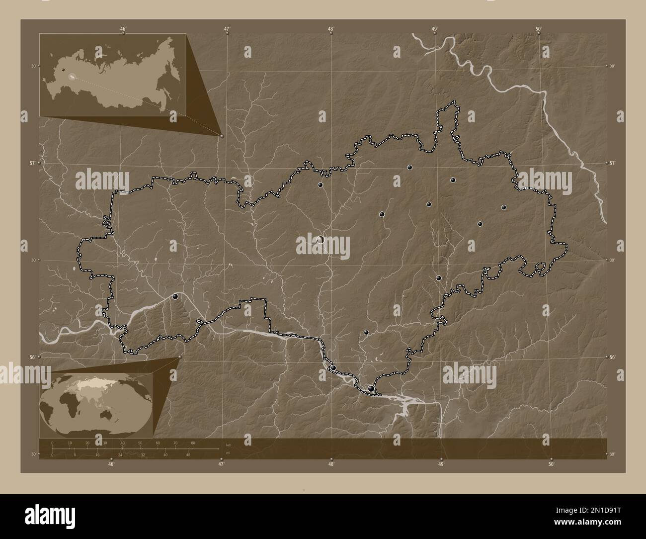 Mariy-El, republic of Russia. Elevation map colored in sepia tones with ...