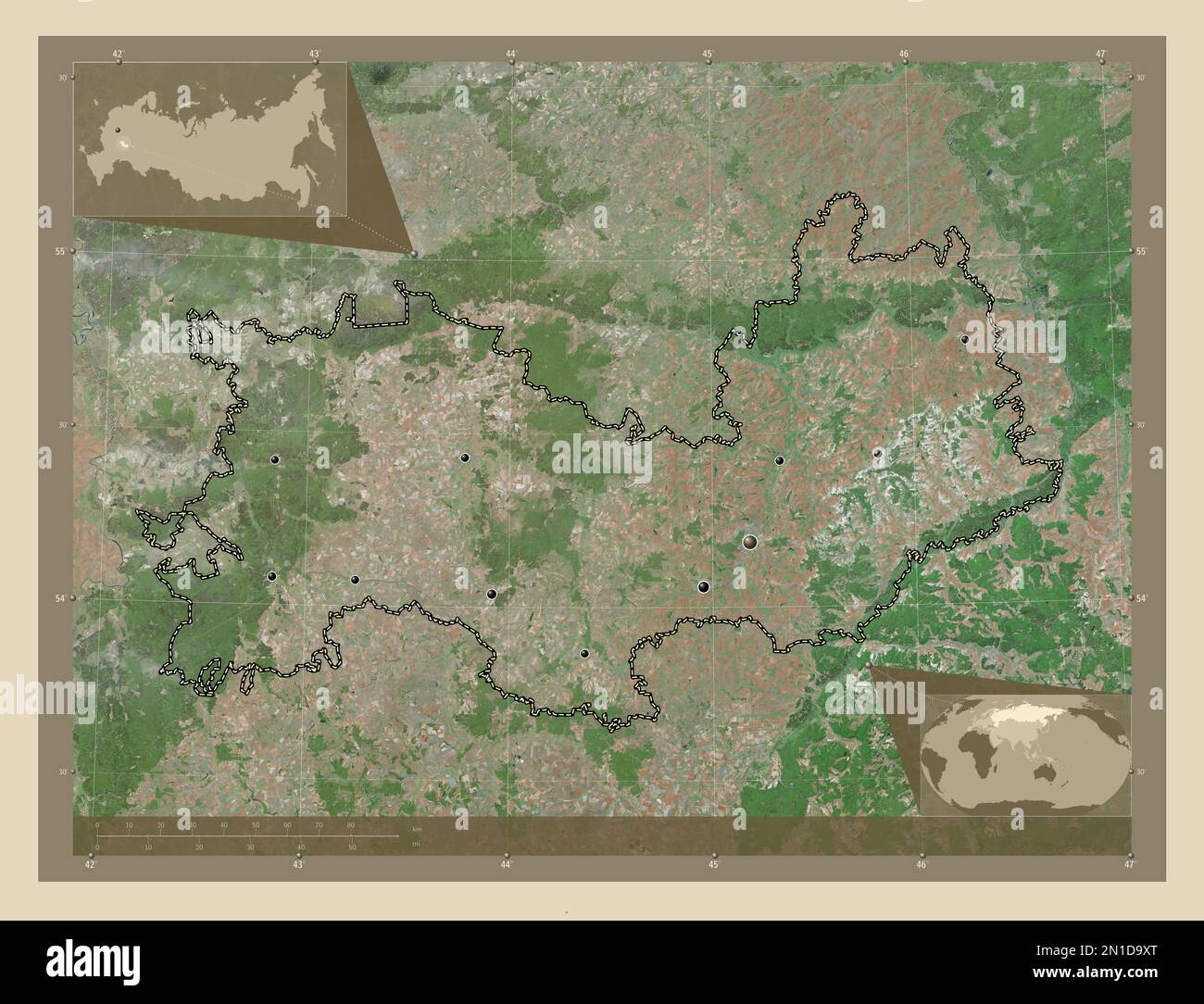 Mordovia, republic of Russia. High resolution satellite map. Locations ...