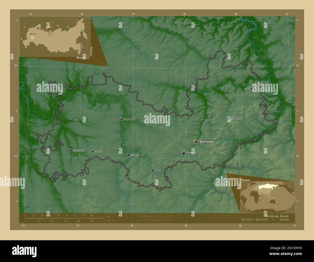 Mordovia, republic of Russia. Colored elevation map with lakes and ...