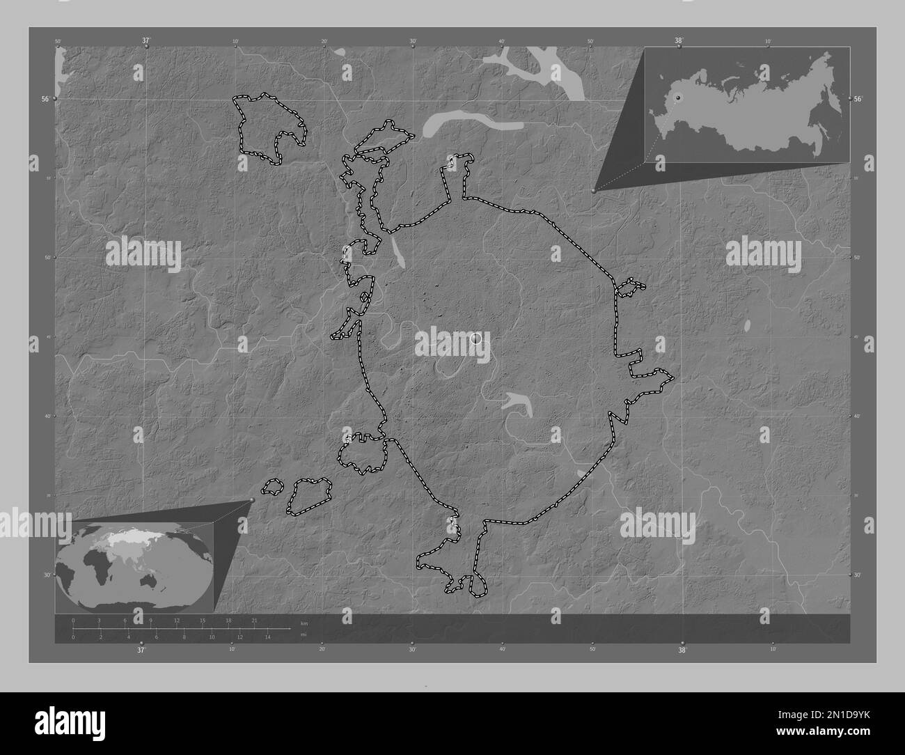 Moscow City, region of Russia. Grayscale elevation map with lakes and ...