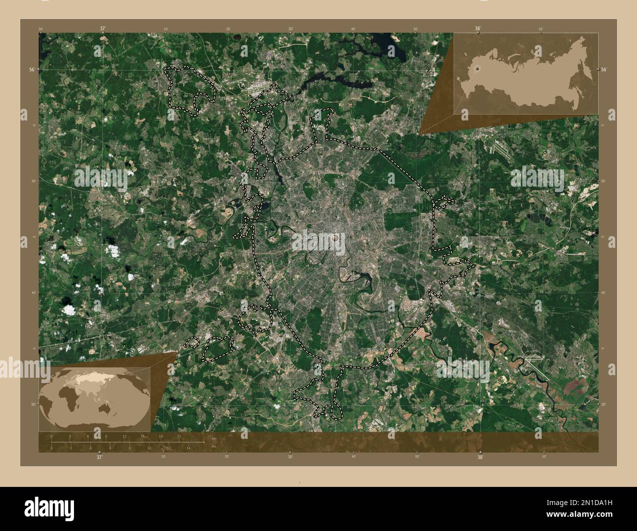 Moscow City, region of Russia. Low resolution satellite map. Corner ...
