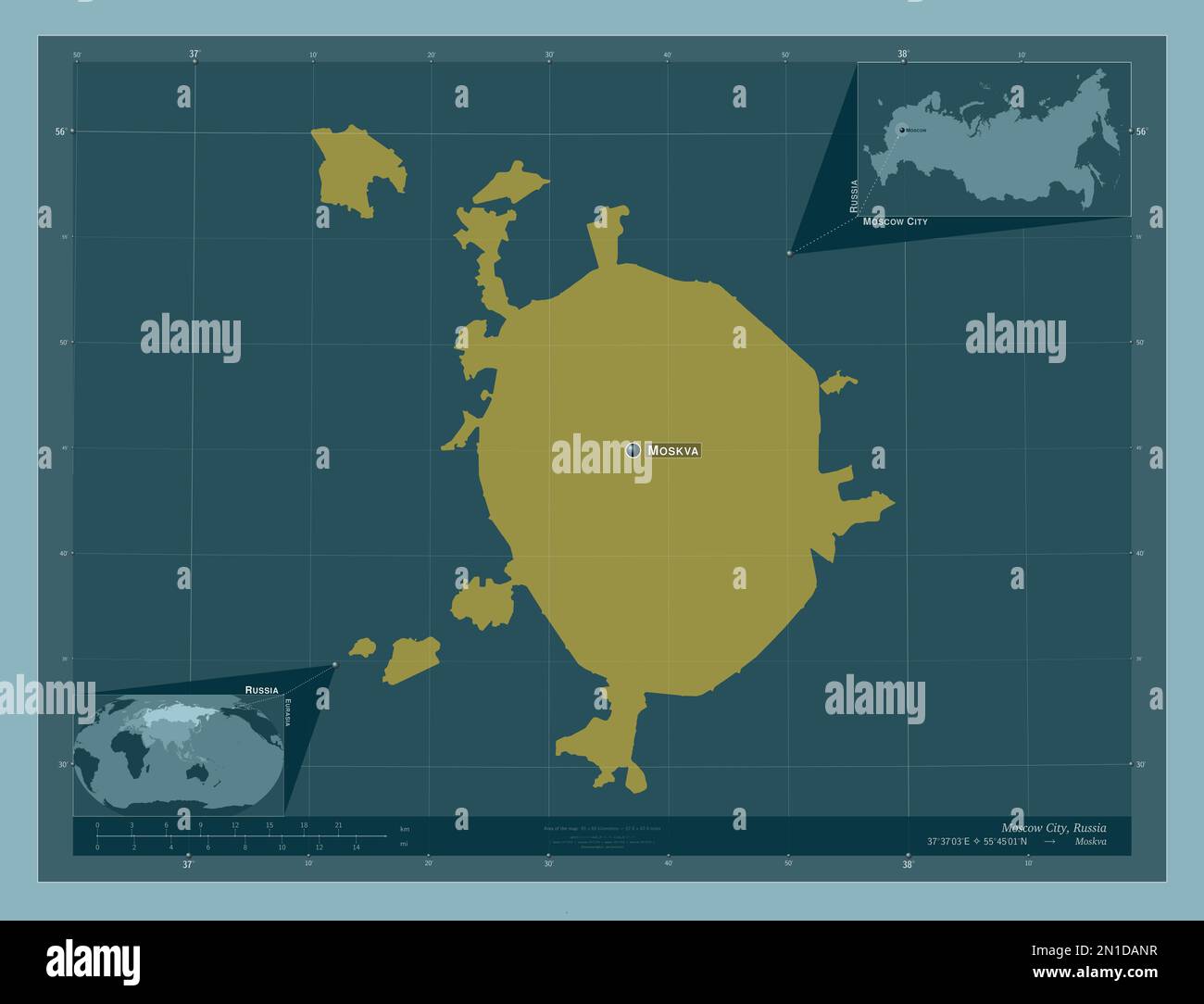 Moscow City, region of Russia. Solid color shape. Locations and names ...