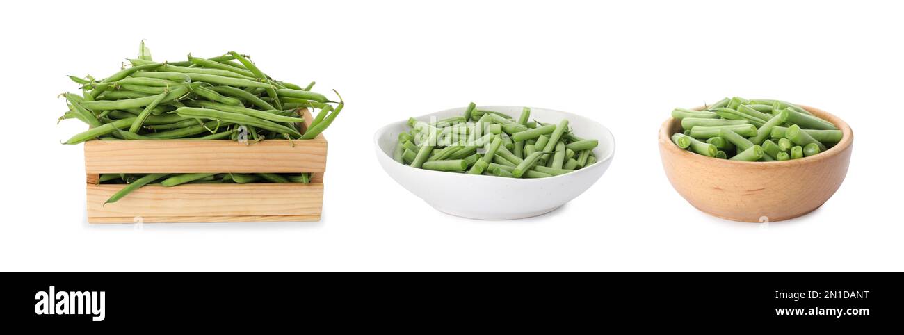 Set of fresh green beans on white background. Banner design Stock Photo ...