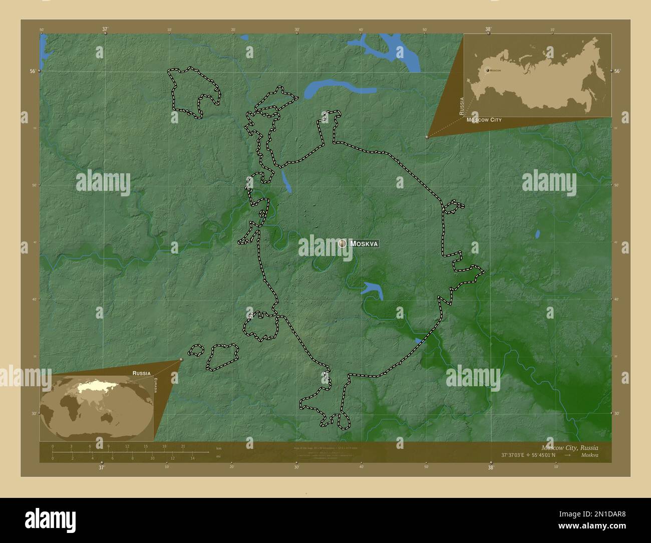 Moscow City, region of Russia. Colored elevation map with lakes and ...