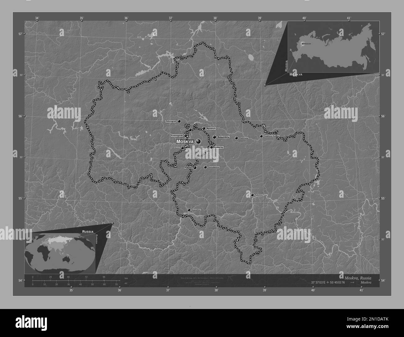 Moskva, region of Russia. Bilevel elevation map with lakes and rivers ...